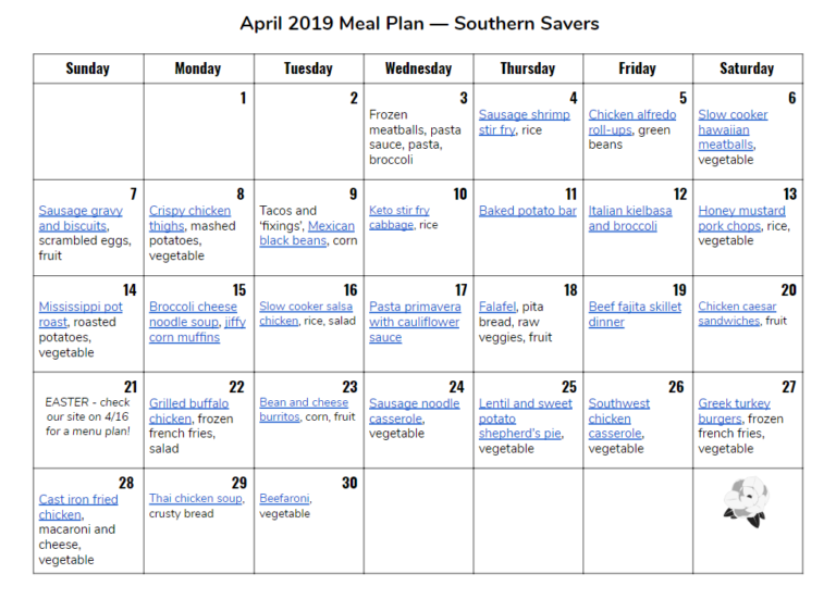 Monthly Meal Plan: April 2019 :: Southern Savers