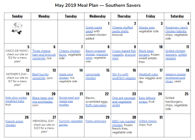 May 2019 Monthly Meal Plan :: Southern Savers