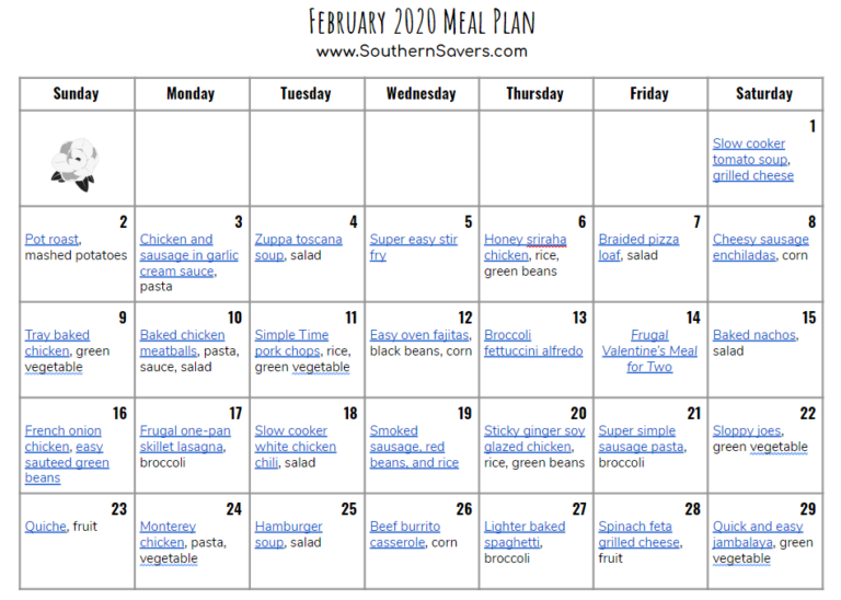 February 2020 Monthly Meal Plan :: Southern Savers