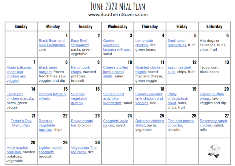 June 2020 Monthly Meal Plan :: Southern Savers