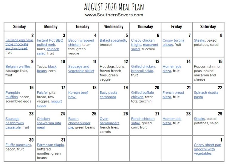 August 2020 Monthly Meal Plan :: Southern Savers
