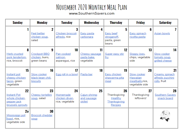 November 2020 Monthly Meal Plan :: Southern Savers