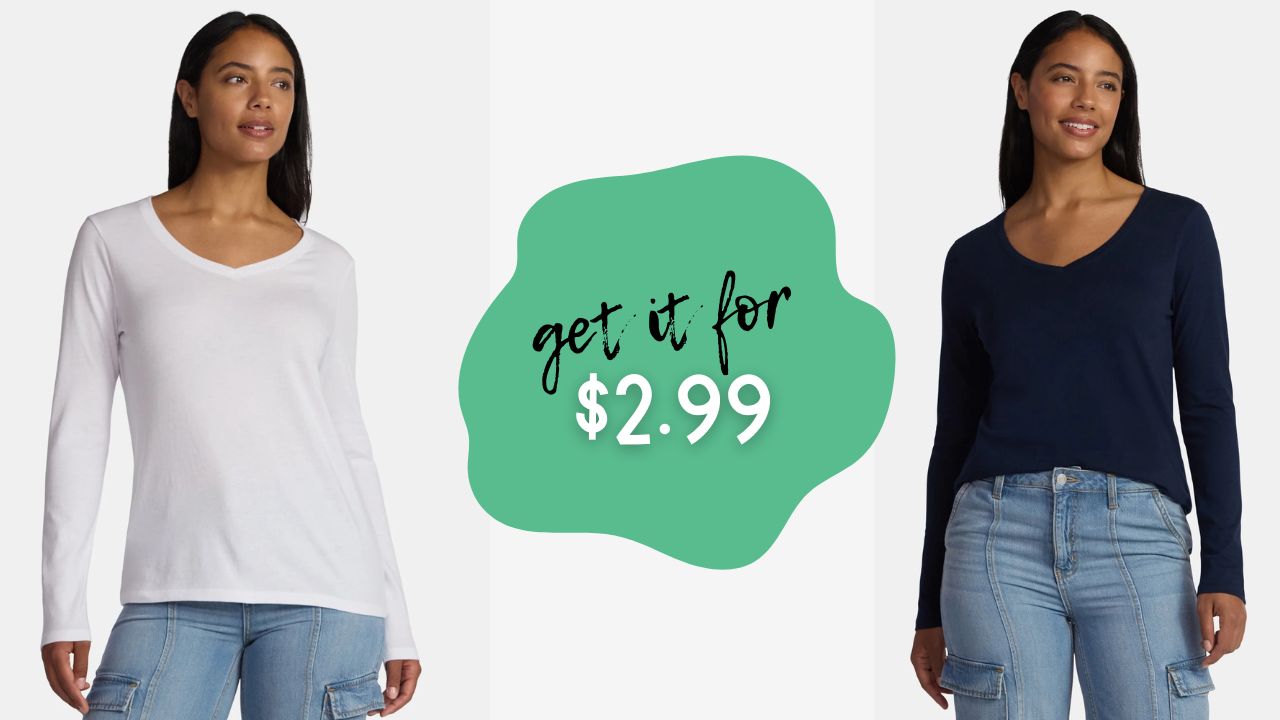Time and Tru Women's Long Sleeve Cotton V-Neck Tee Starting at $2.99 ...